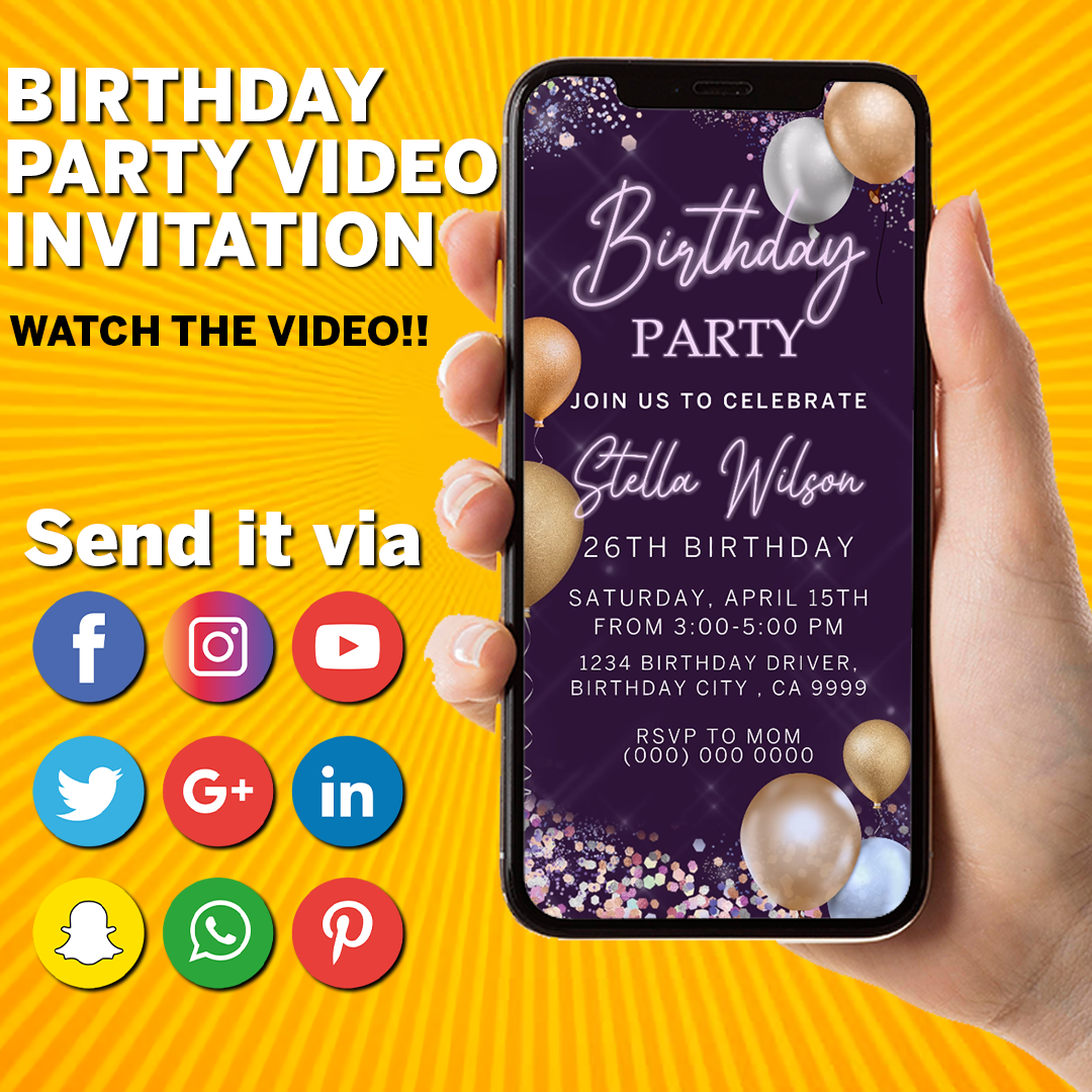Purple Birthday Party Invitation, Animated Birthday Party In | Inspire ...