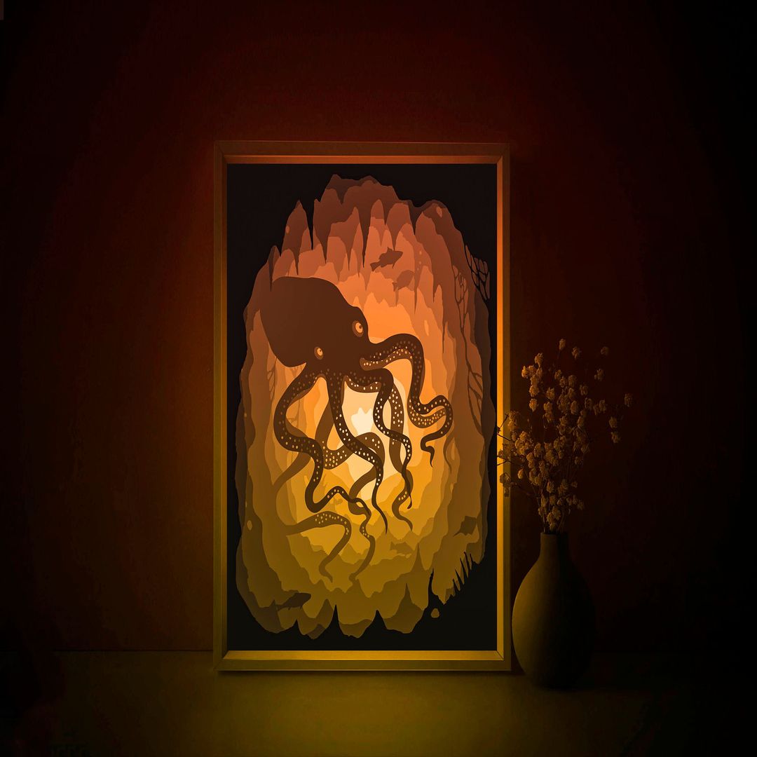 Octopus Shadow box SVG Template, Ocean Bottom Papercut Light - Inspire ...