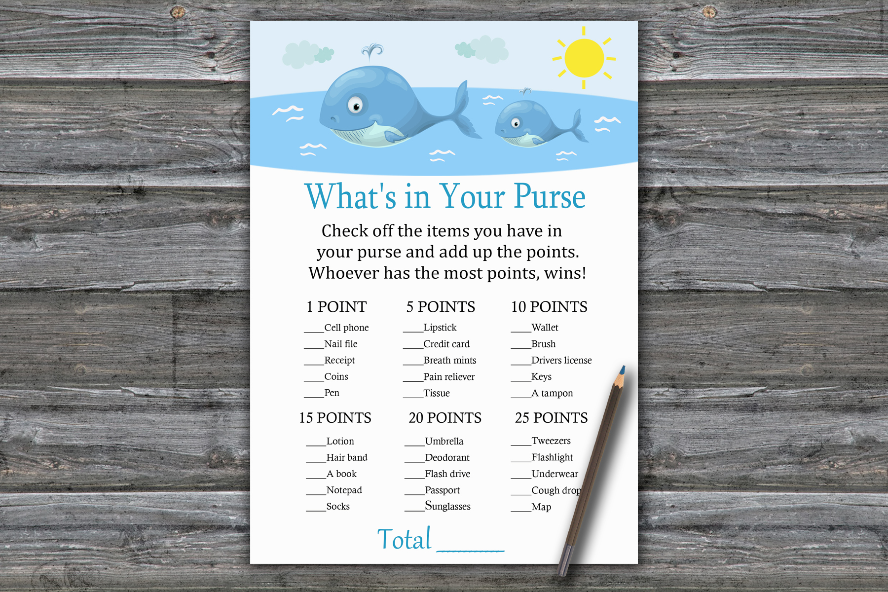 Under the sea What's in your purse game,Whale Baby shower ga - Inspire ...