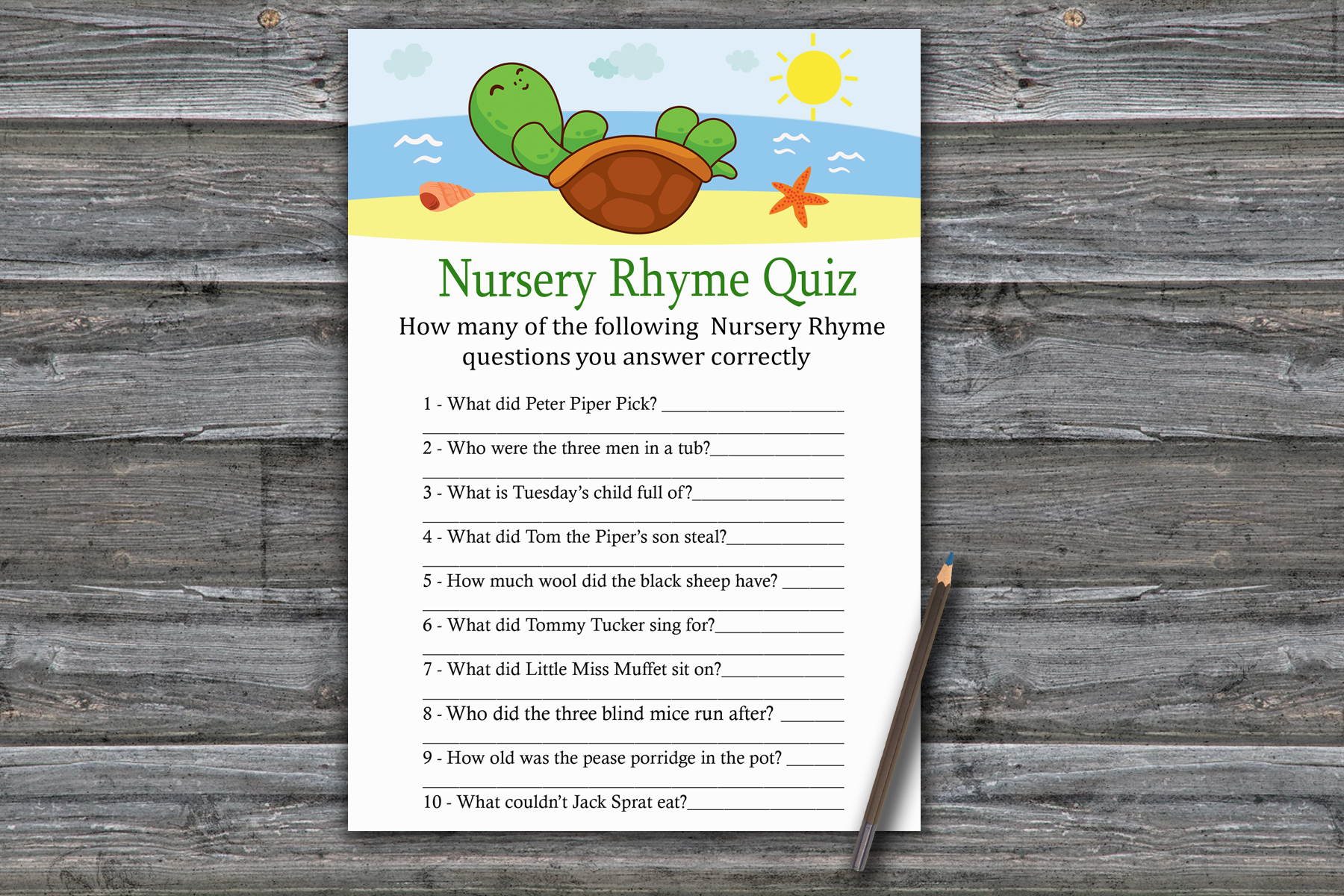 Sea Turtle Nursery rhyme quiz baby shower game card,Turtle B - Inspire ...