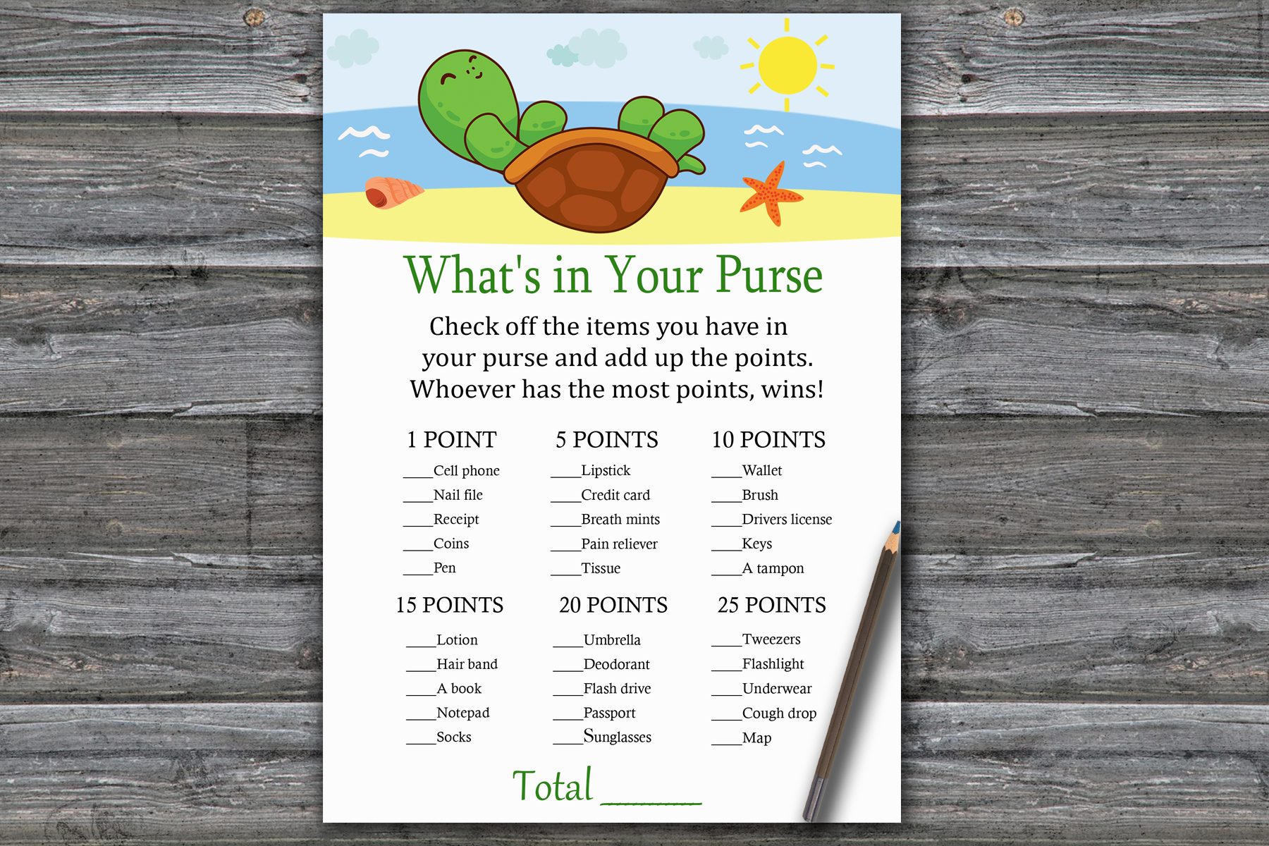Sea Turtle What's in your purse game,Turtle Baby shower game | Inspire ...