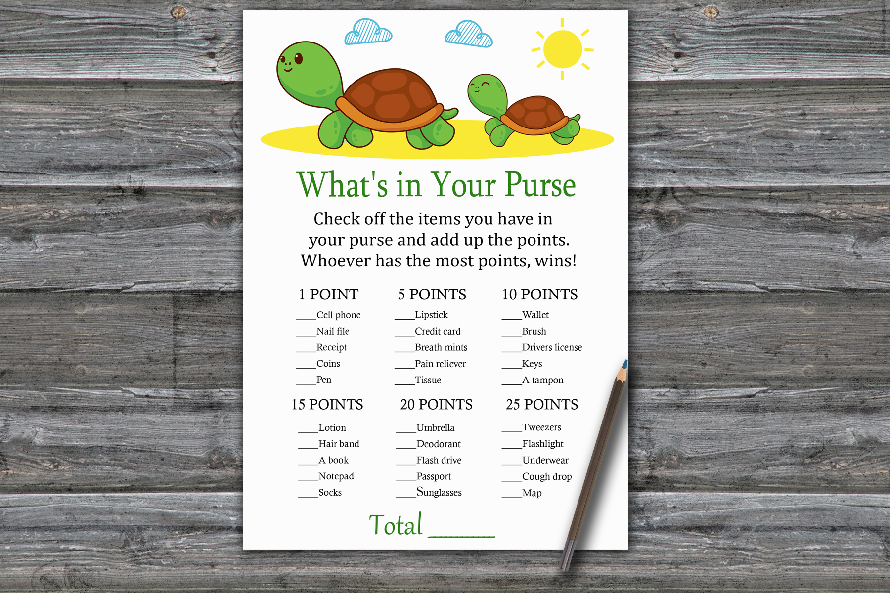 Cute Turtle What's in your purse game,Turtle Baby shower gam | Inspire ...
