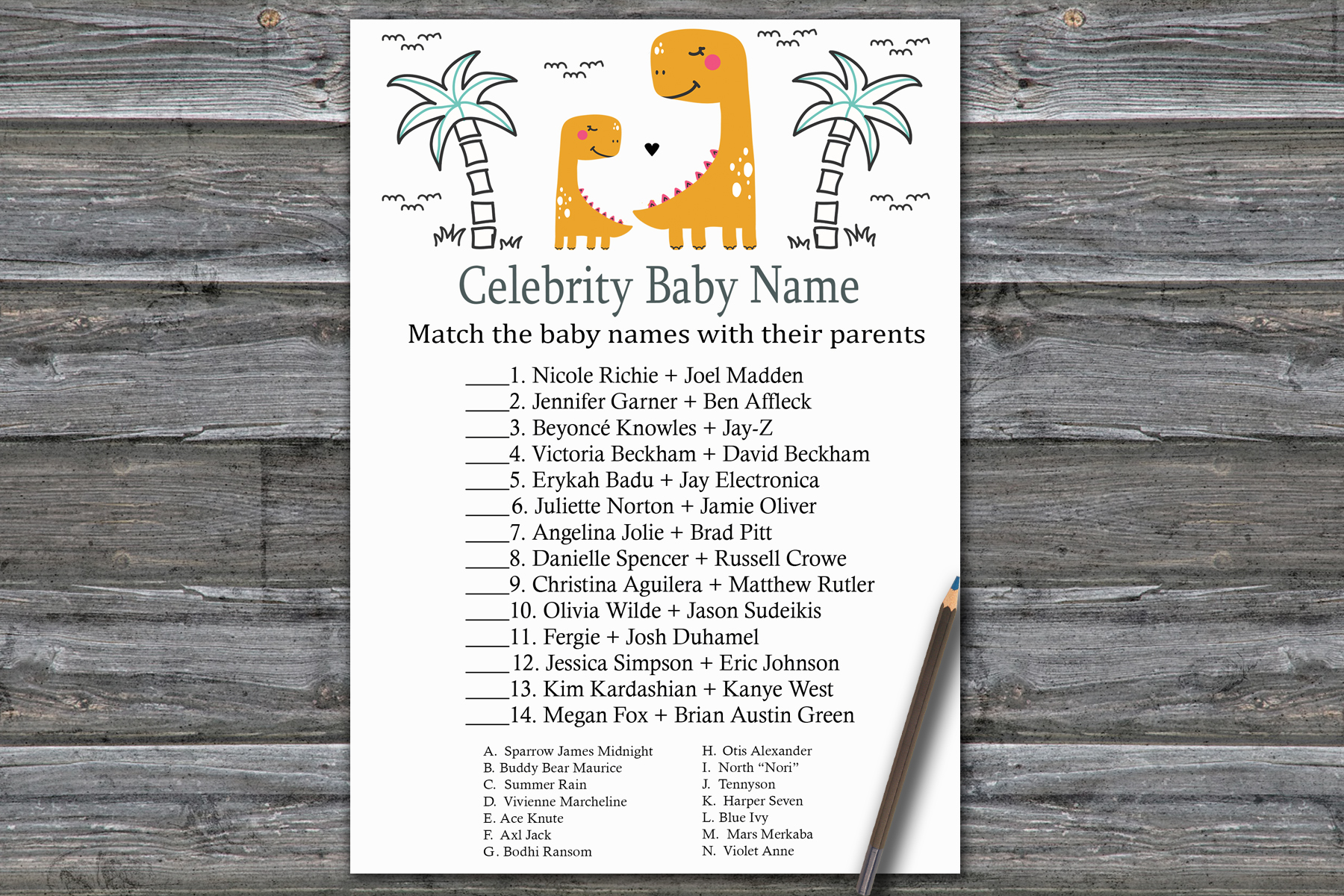 Orange Dinosaur Celebrity baby name game card,Dinosaur Baby - Inspire ...