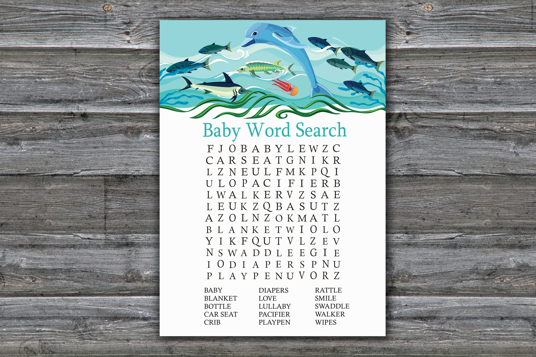 Dolphin Baby shower word search game card,Dolphin Baby showe - Inspire ...