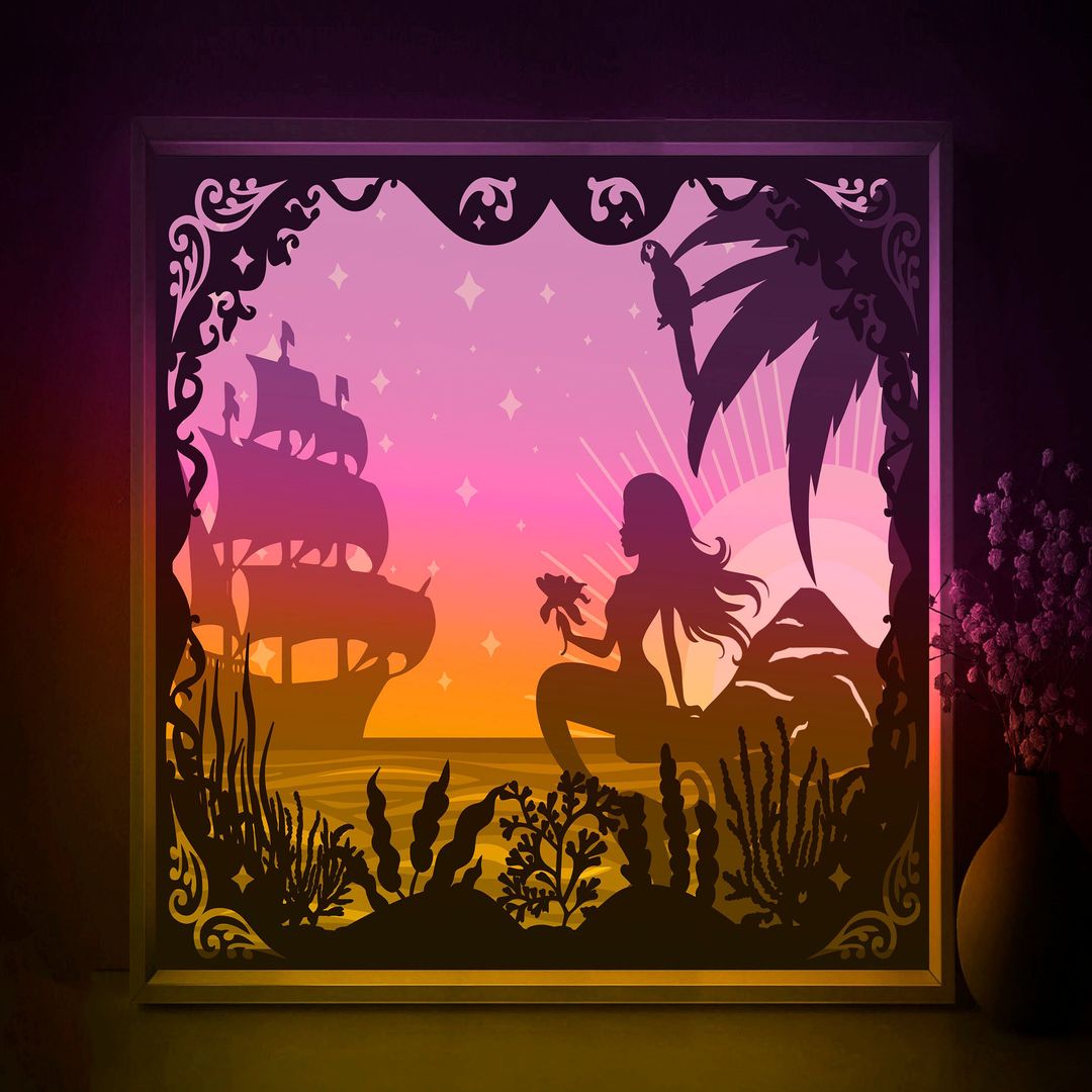 Sea Mermaid Shadow box SVG Template, Romantic Sunrise Paperc - Inspire ...