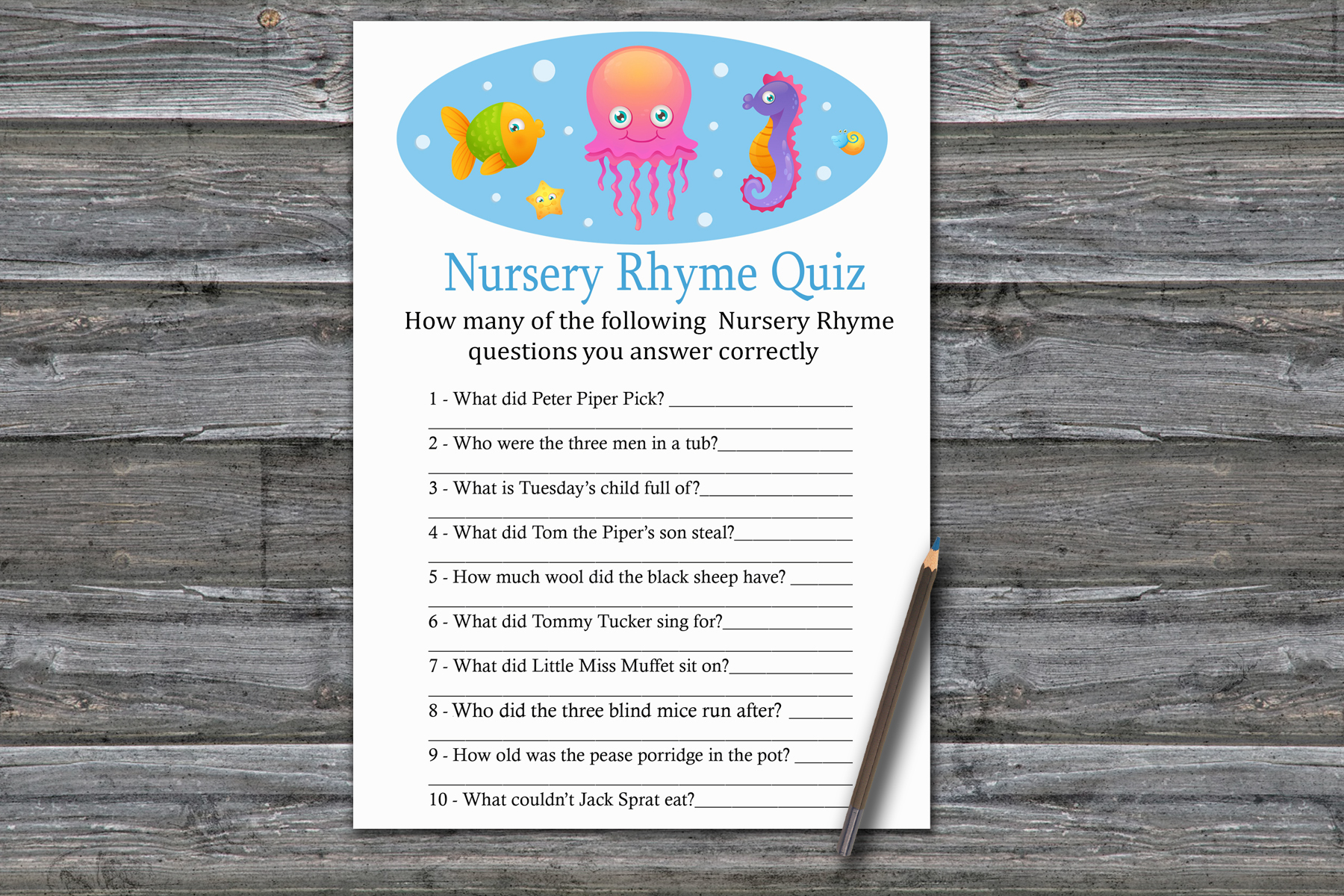 Jellyfish Nursery rhyme quiz baby shower game card,Under the | Inspire ...