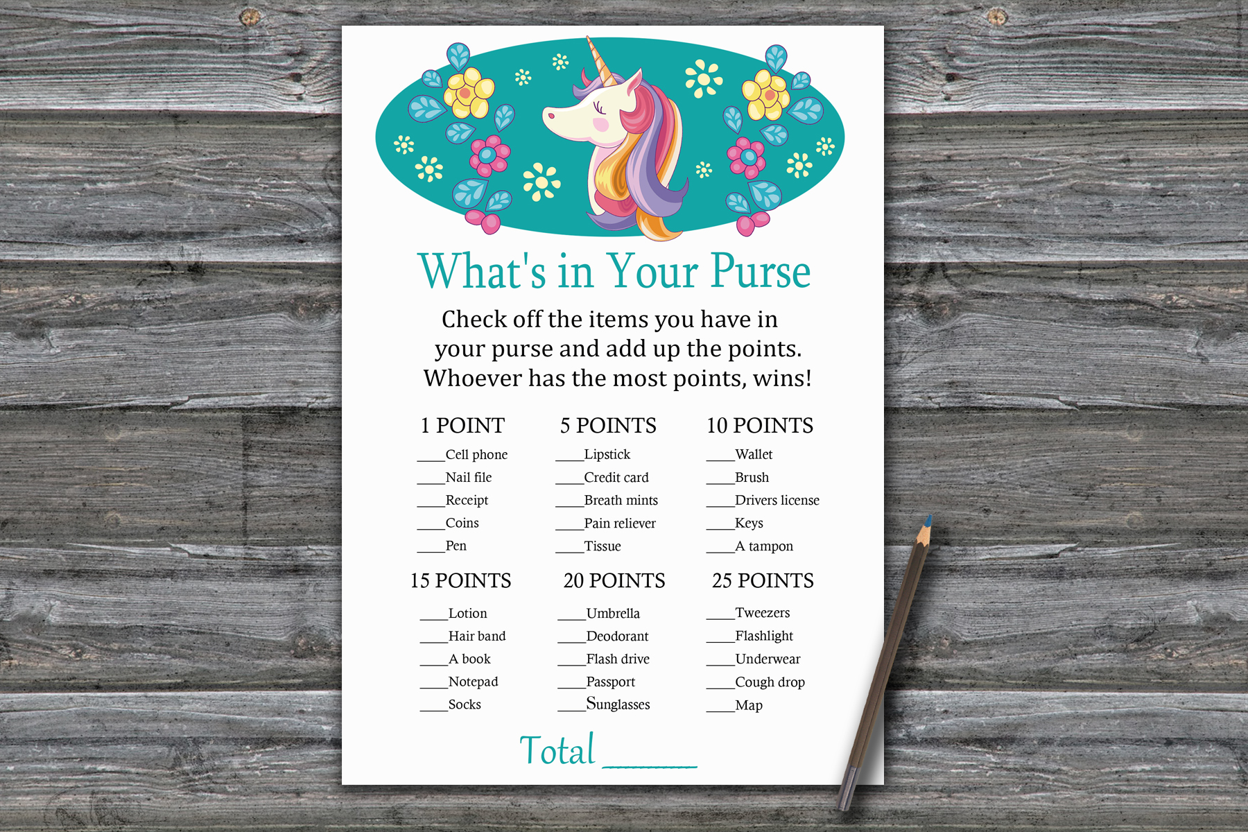 Rainbow Unicorn What's in your purse game,Unicorn Baby showe | Inspire ...