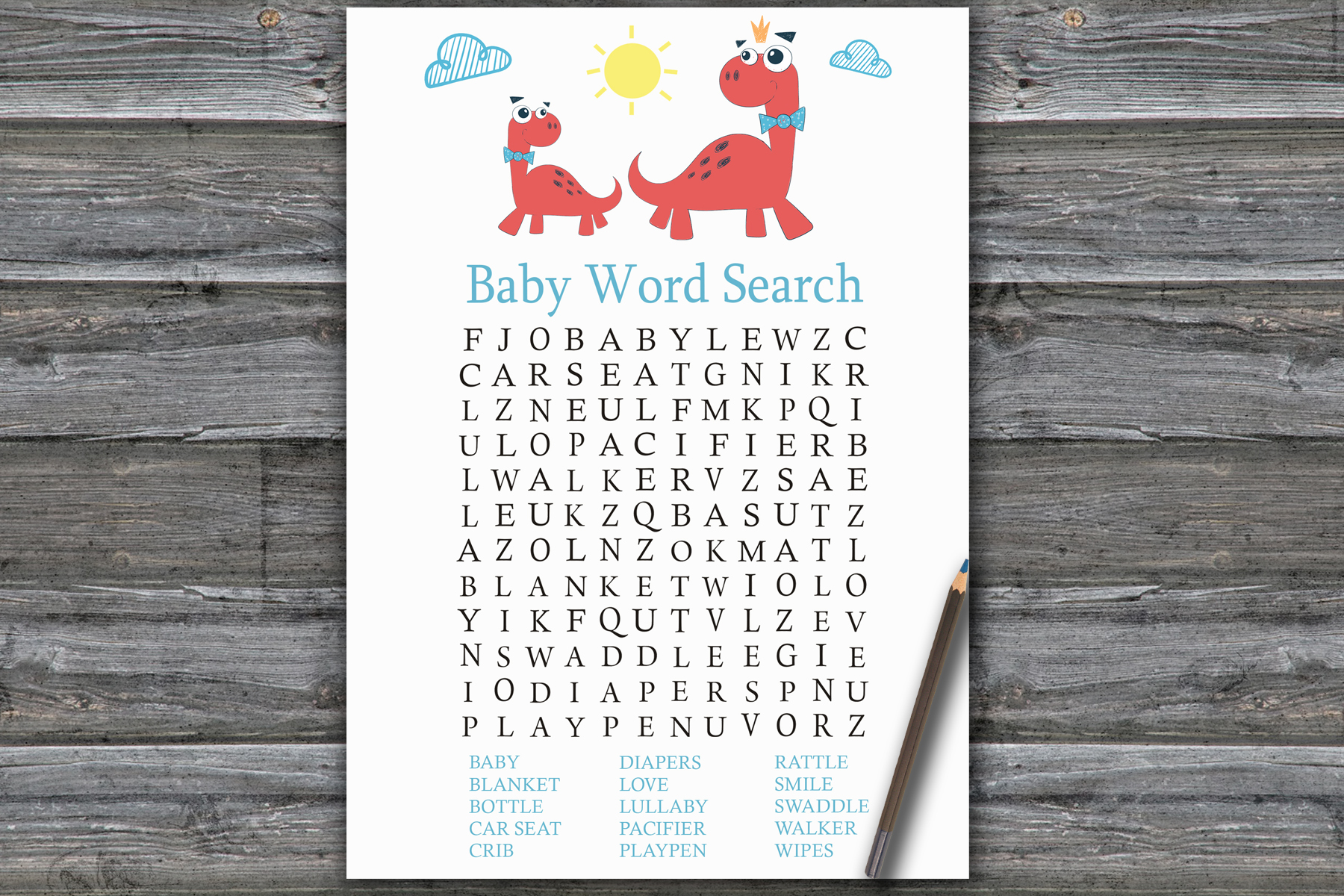 Red Dinosaur Baby shower word search game card,Dinosaur Baby | Inspire ...