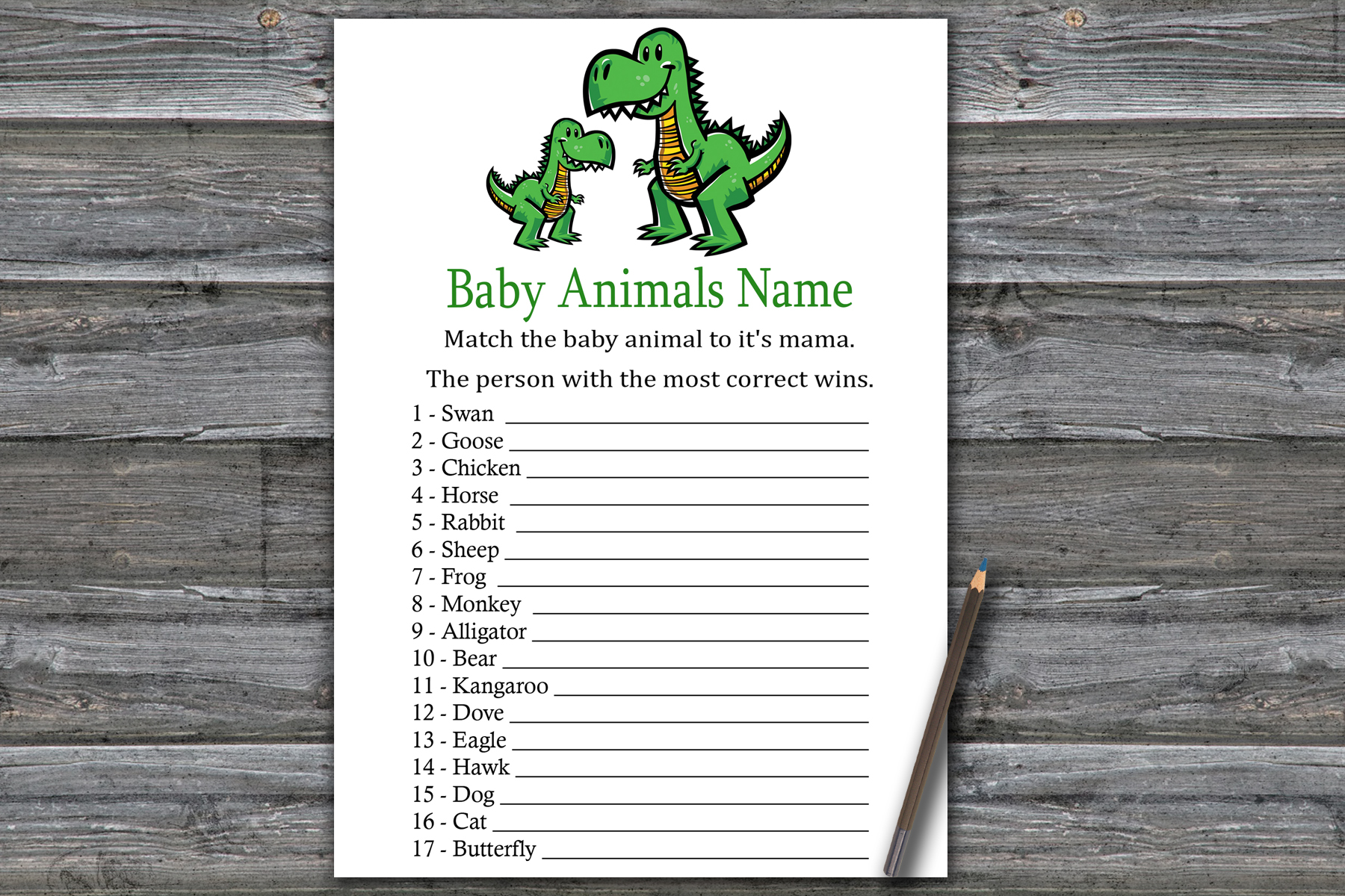 T-rex Baby animals name game card,Dinosaur Baby shower games | Inspire ...