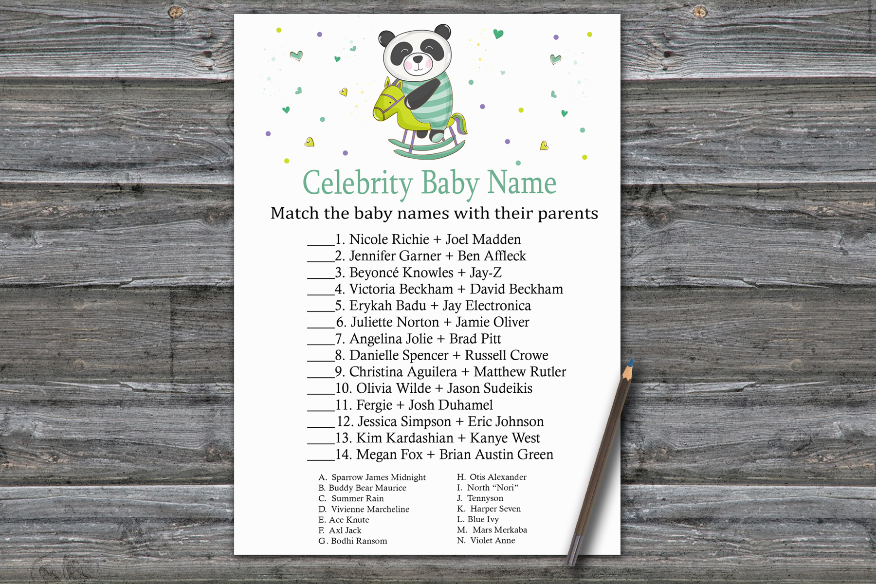 Panda Celebrity baby name game card,Panda Baby shower games - Inspire ...