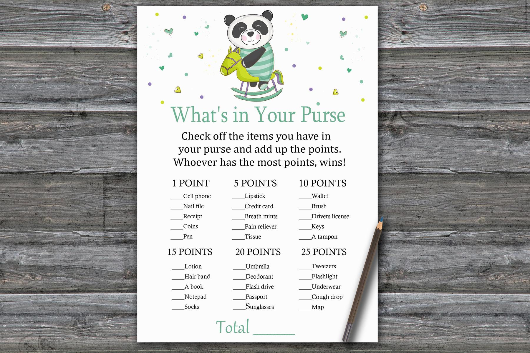 Panda What's in your purse game,Panda Baby shower games prin | Inspire ...