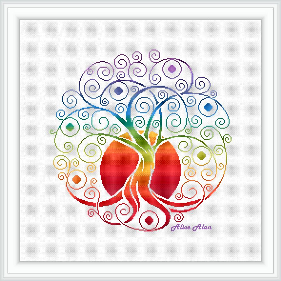 Cross stitch pattern Tree Oak Sun silhouette rainbow - Inspire Uplift