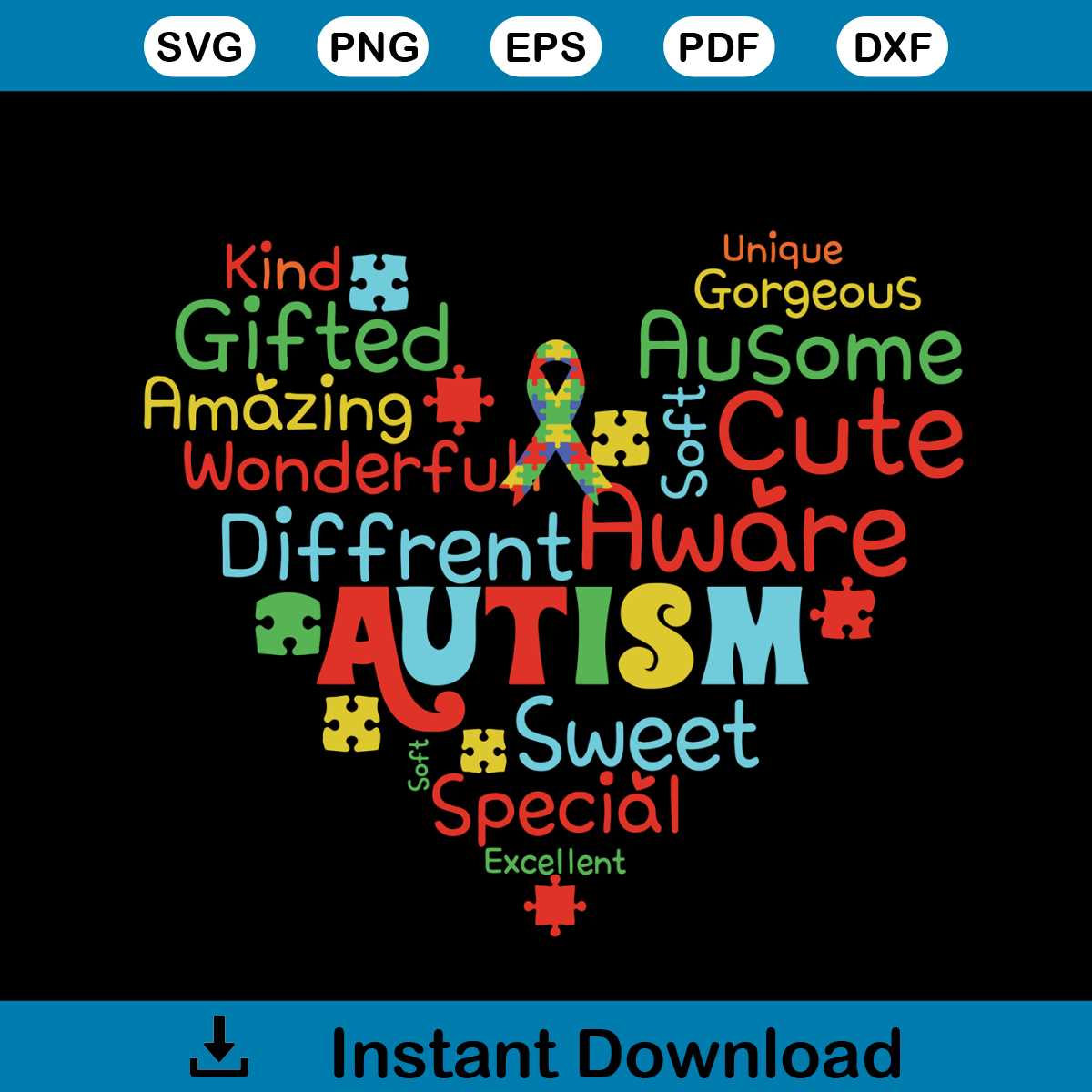 Heart Text Colorful Text About Autism SVG Cutting Digital Fi | Inspire ...