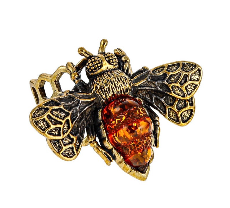 Bee Ring Gold Brass with Amber Large Cocktail Insect Ring | Inspire Uplift