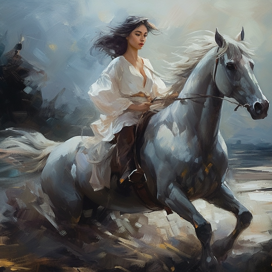Girl in a white dress gracefully riding a white horse | Inspire Uplift