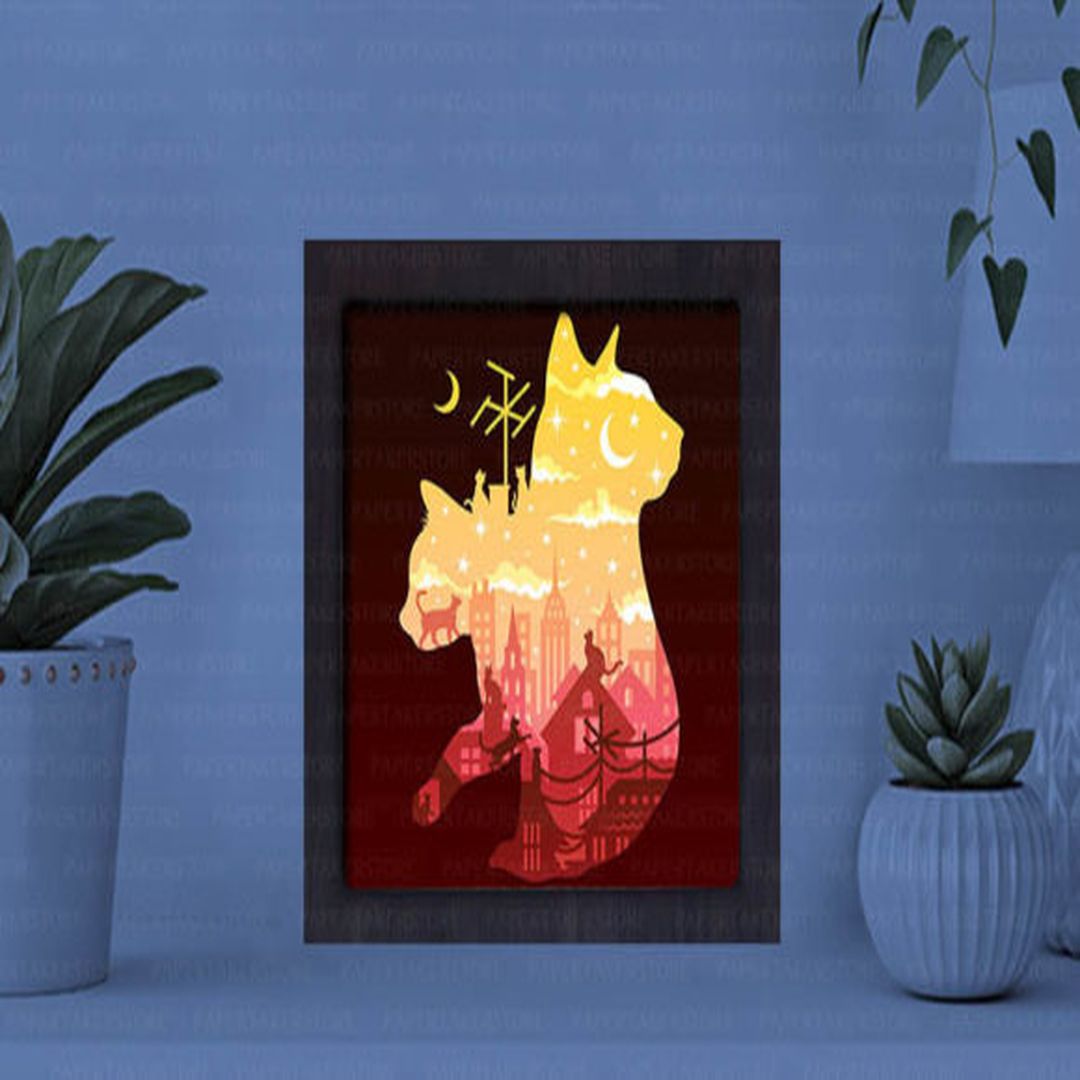 Cat and Moon Paper Cut Light Box - Inspire Uplift