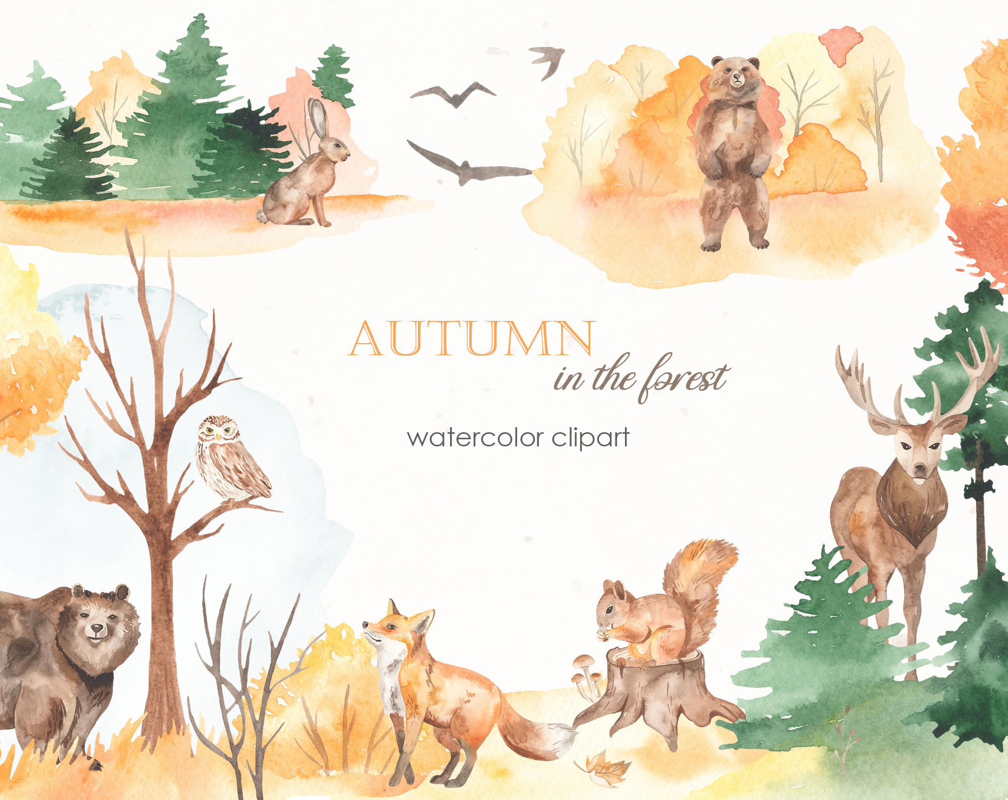 Autumn forest and animals. Watercolor clipart. Autumn landsc | Inspire ...