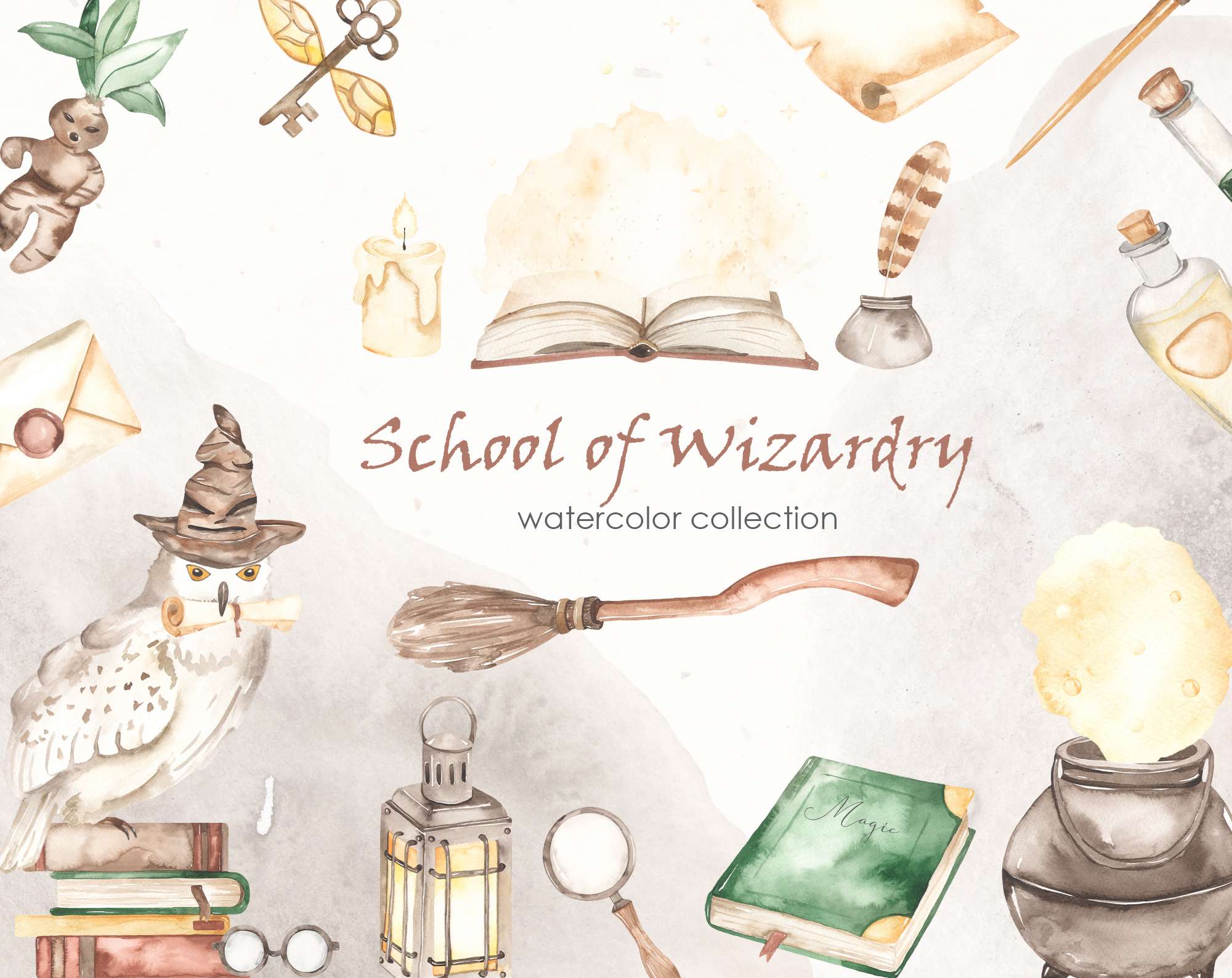 School of wizardry. Watercolor clipart. Owl, magic wand, gla | Inspire ...