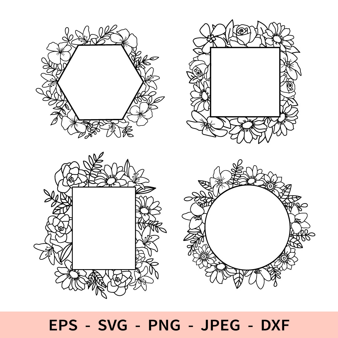 Floral Rectangular Frame Svg Round Flowers Frame File for Cr | Inspire ...