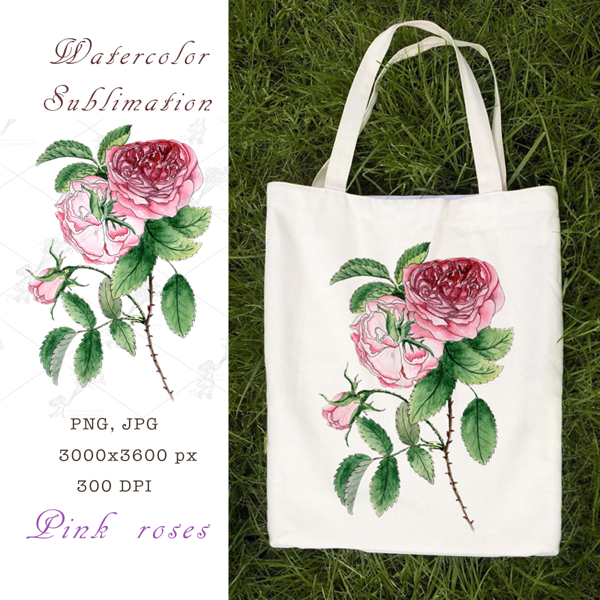 Watercolor sublimation Pink roses PNG, JPEG | Inspire Uplift