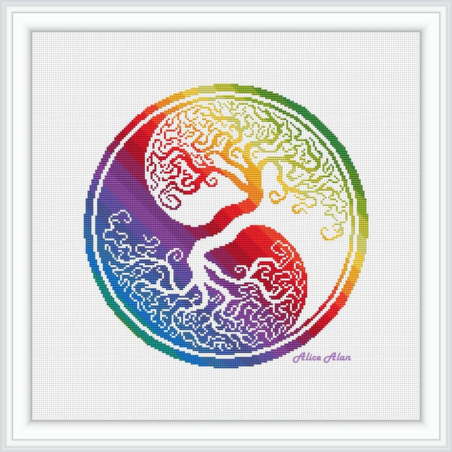 Cross stitch pattern Yin Yang Tree Oak rainbow ornament east | Inspire ...