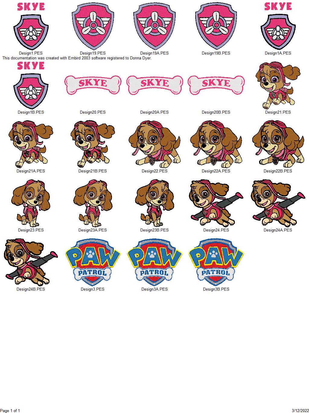 Collection CARTOON CHARACTERS PAW PATROL SKYE Embroidery Mac - Inspire ...