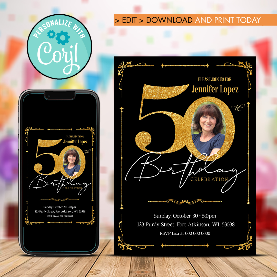 Editable 50th Birthday Invitation with photo, 50 and and fab | Inspire ...