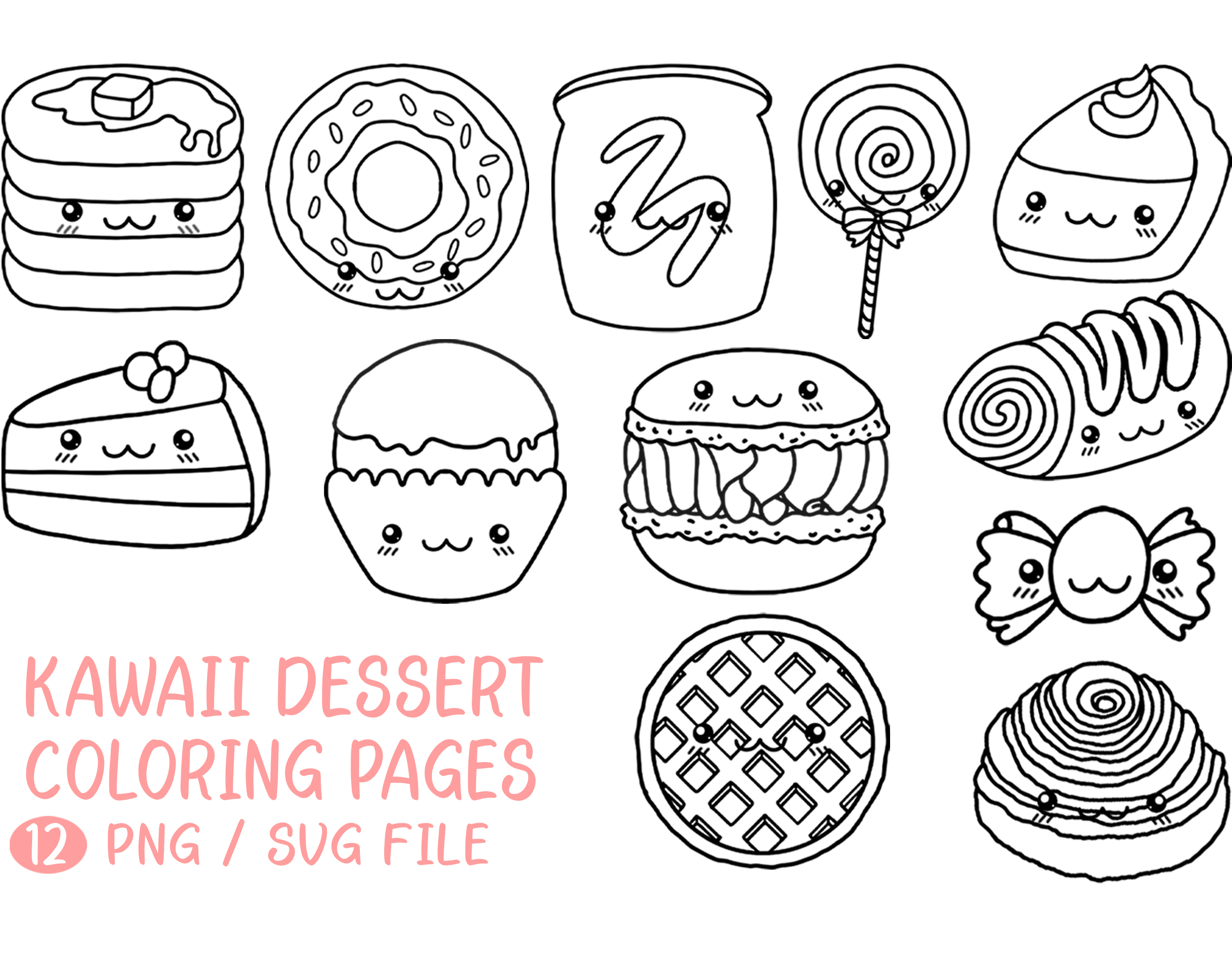 Kawaii Dessert | Coloring Page | Donut | Macaron | PNG | SVG | Inspire ...