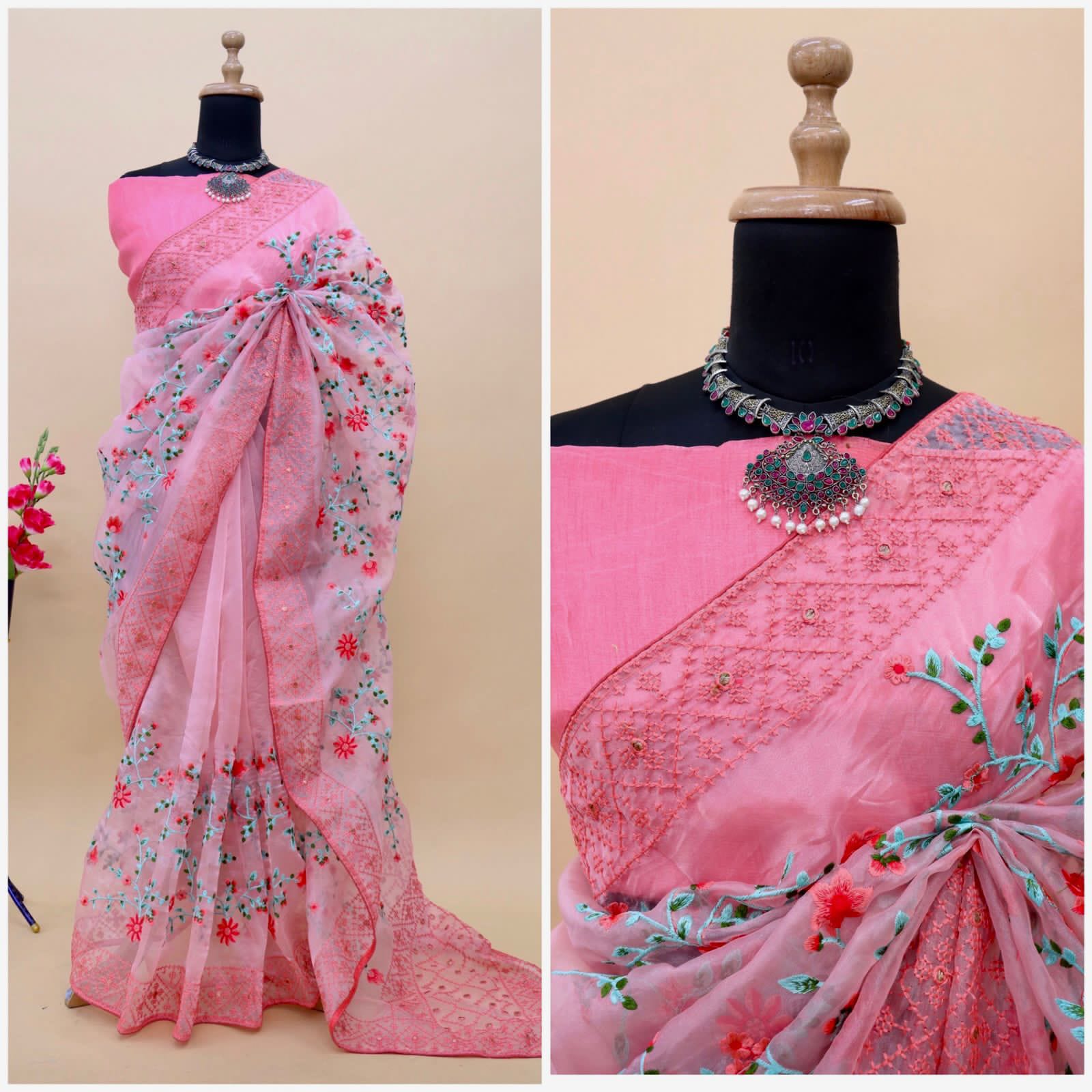 Baby Pink Organza Saree - Inspire Uplift