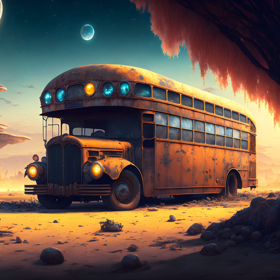 Post apocalyptic school bus. Old rusty school bus on a lost | Inspire ...