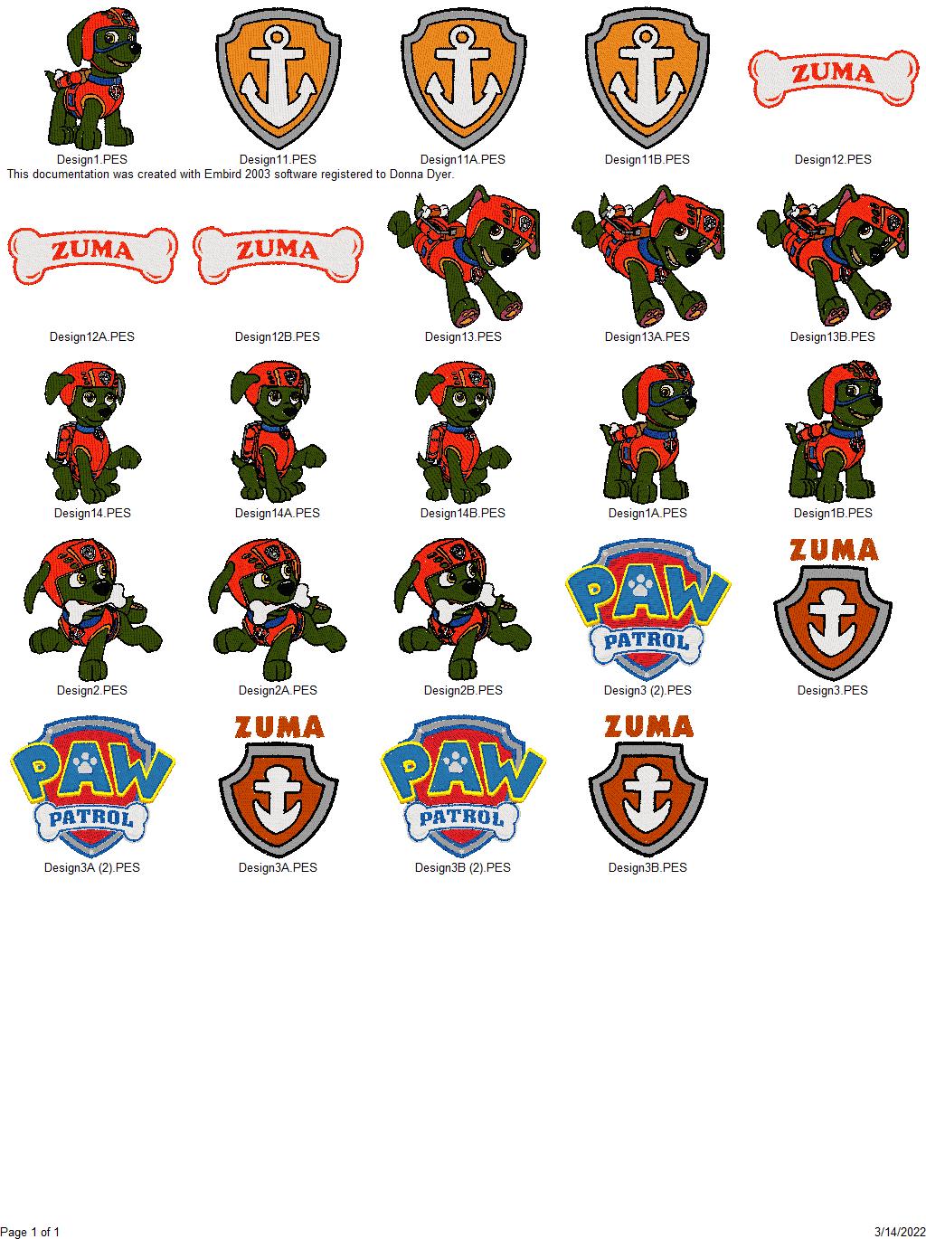 Collection CARTOON CHARACTERS PAW PATROL ZUMA Embroidery Mac - Inspire ...