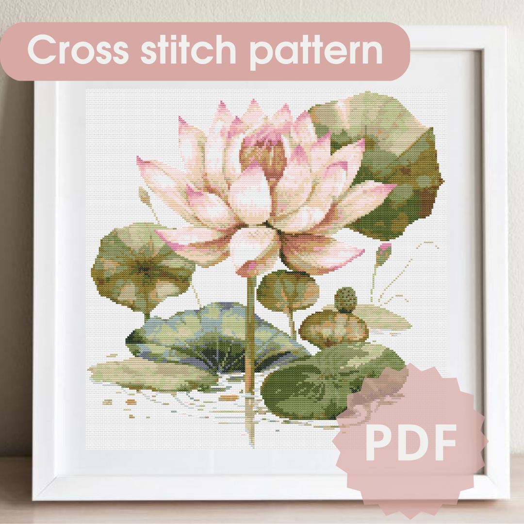 Lotus cross stitch pattern, flower cross stitch chart, PDF - Inspire Uplift