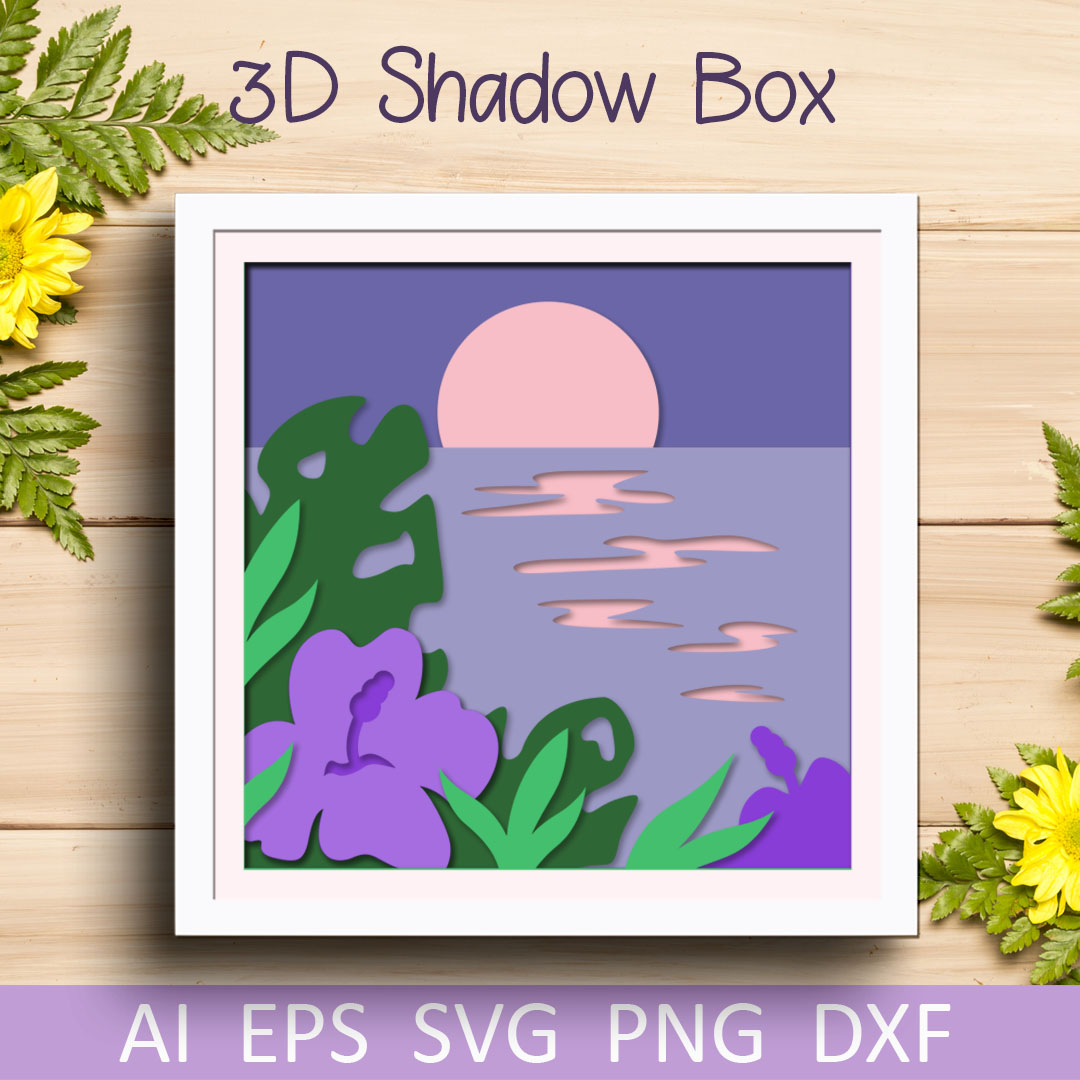 Sea and tropical flowers shadow box template, 3d layered sum - Inspire ...