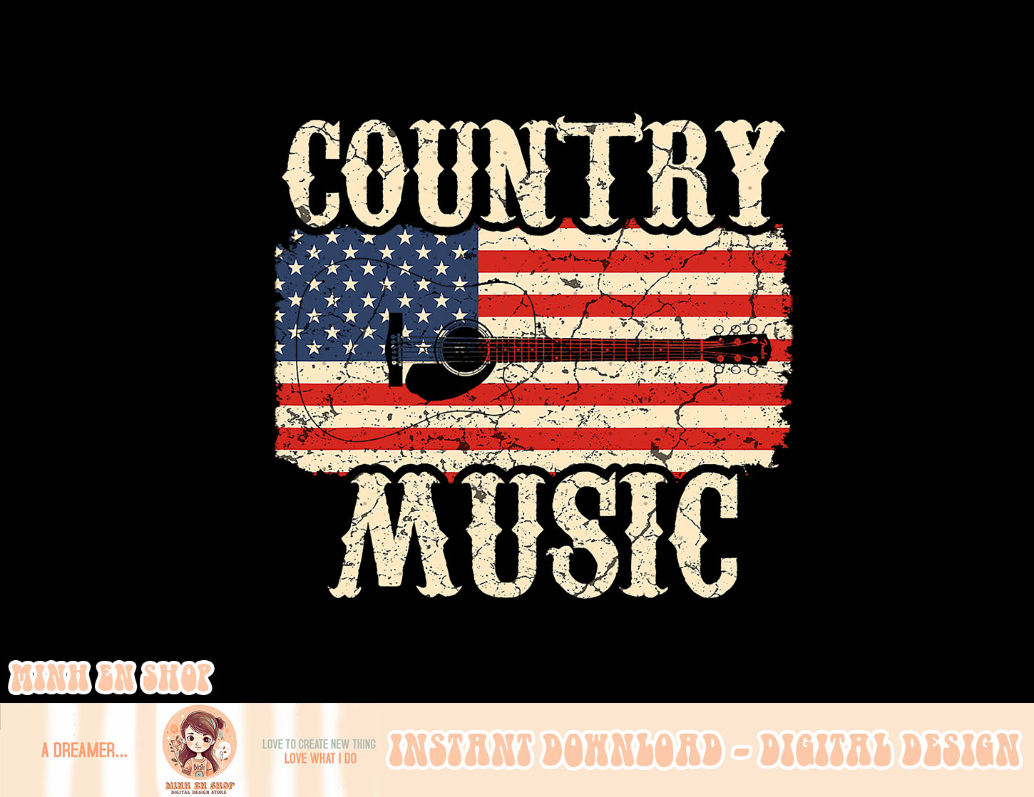 Country Music Retro Vintage Guitar American Flag png - Inspire Uplift