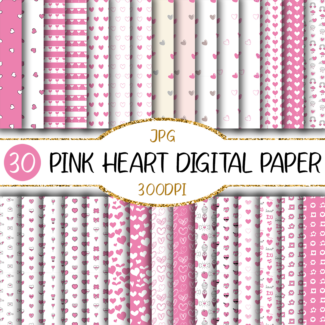 Pink Heart Digital Papers | Hand Drawn Design - Inspire Uplift