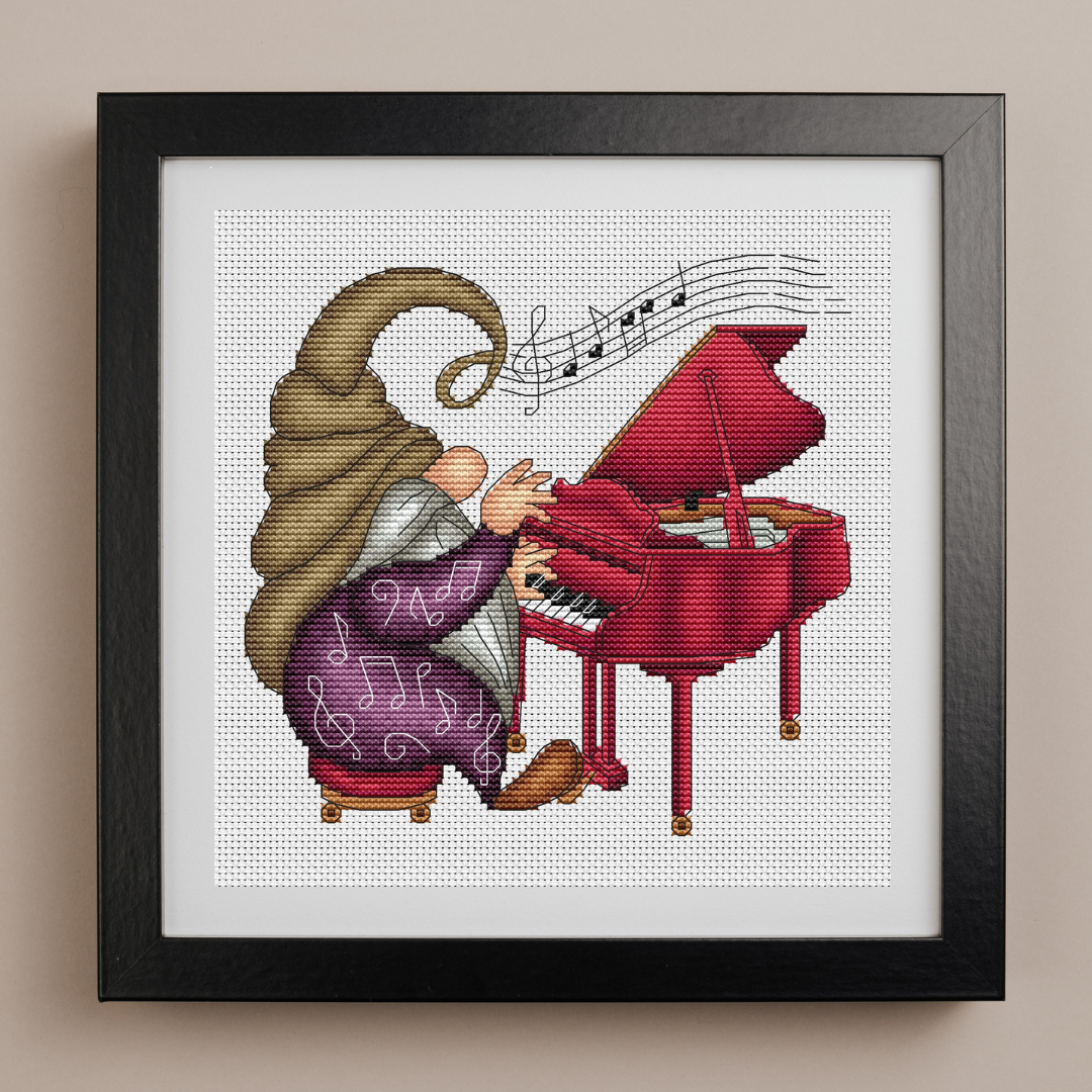 Pianist gnome cross stitch pattern PDF, Musician cross stitc | Inspire ...