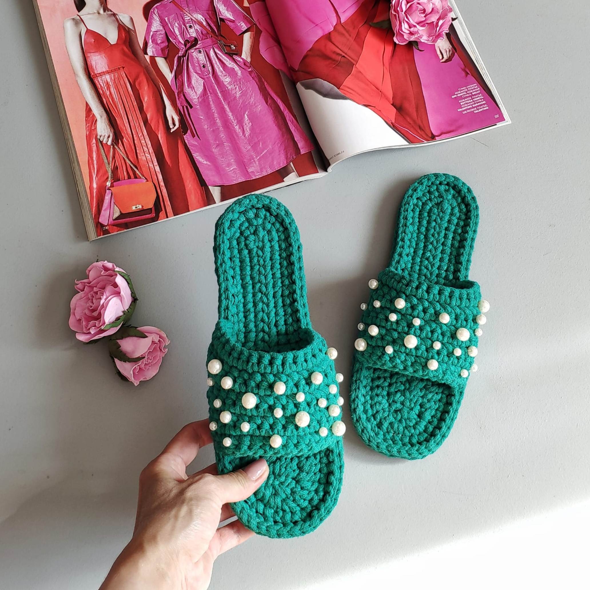Crochet Beaded slippers emerald green Handmade slippers Indo | Inspire ...