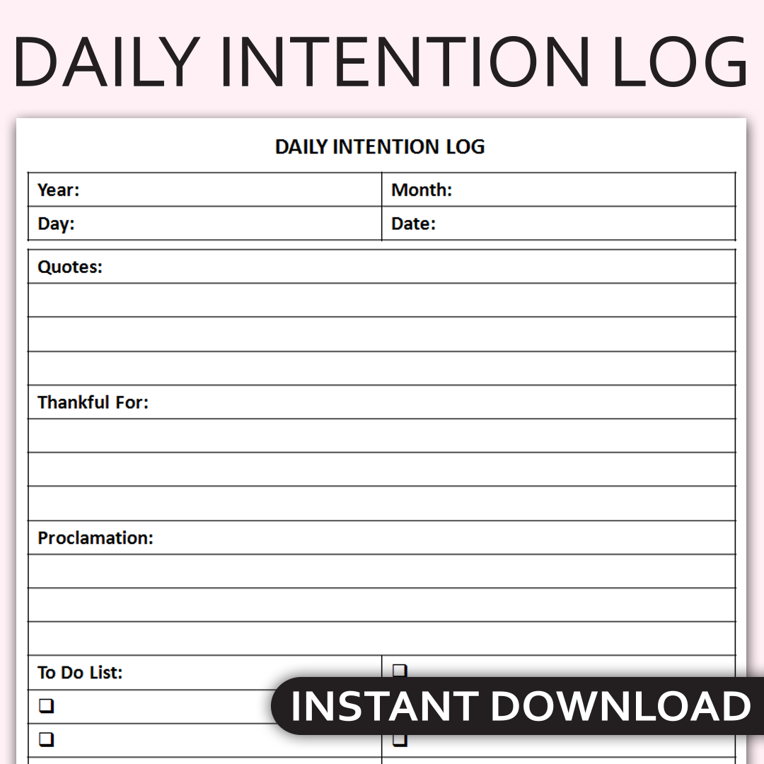 Printable Daily Intention Log, Mindfulness Planner, Goal Set - Inspire ...