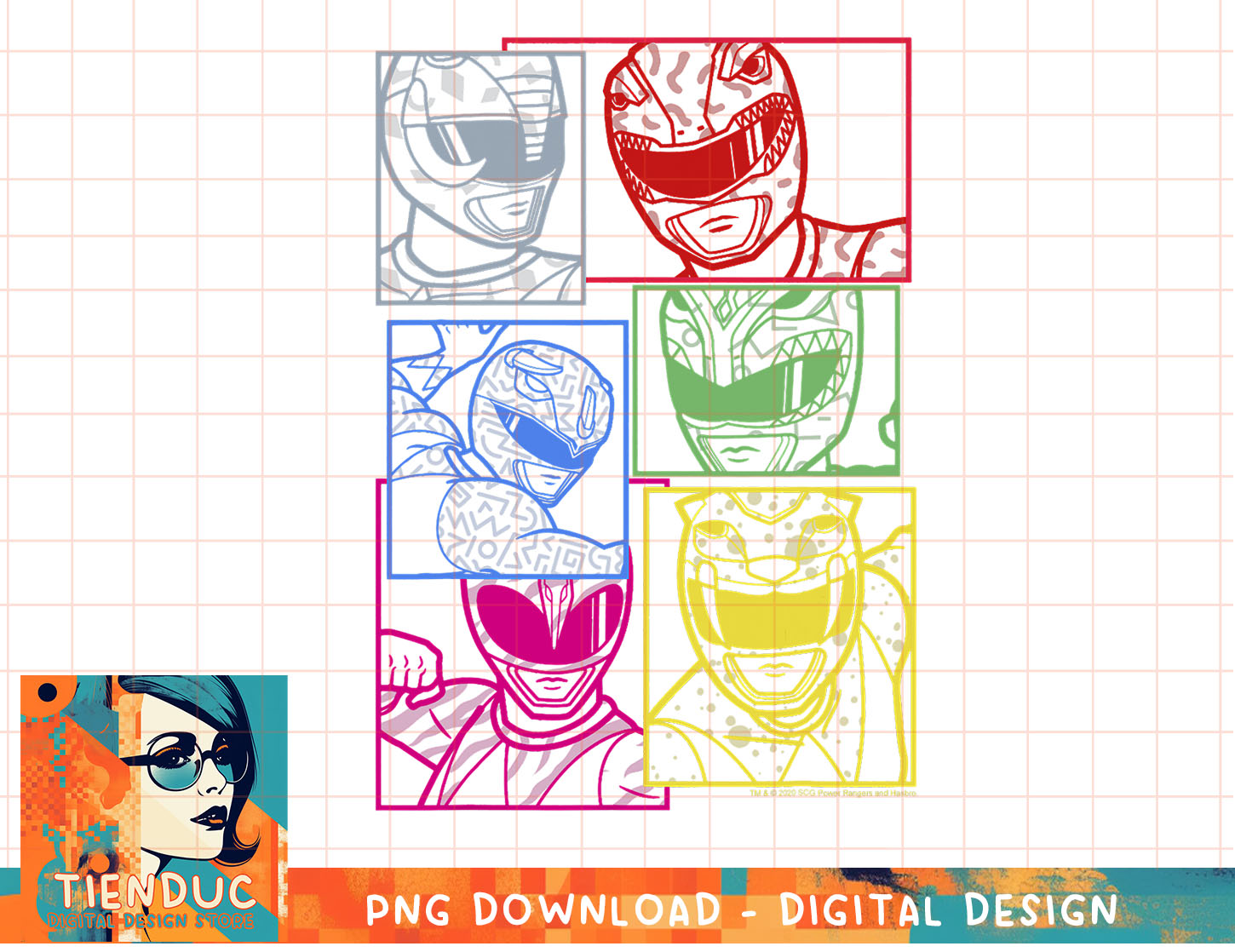 Power Rangers Group Shot Color Silhouette Line Art Panels T- - Inspire ...