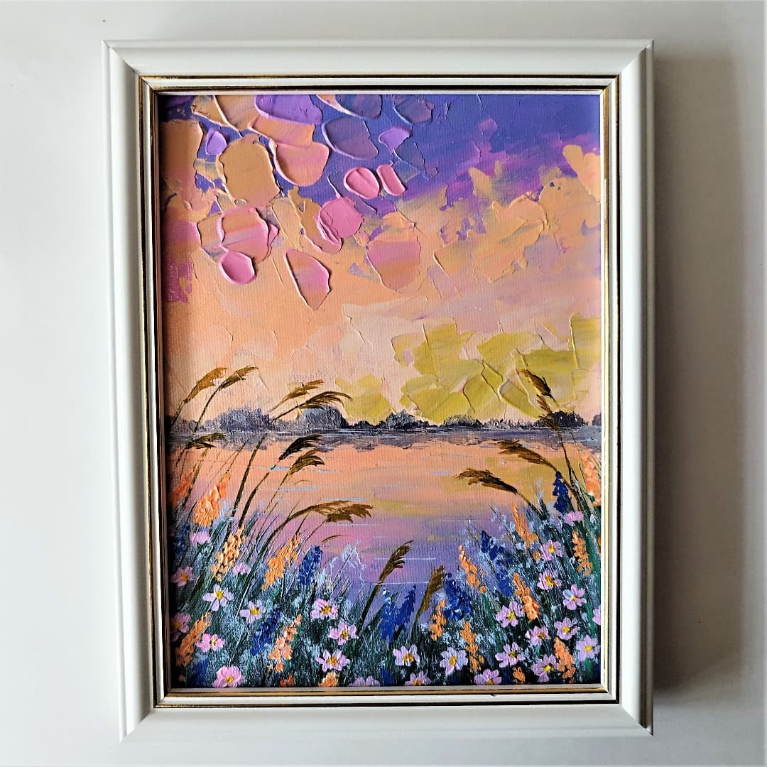 Unique Sunset Lake Landscape Painting - Nature Impasto Art | Inspire Uplift