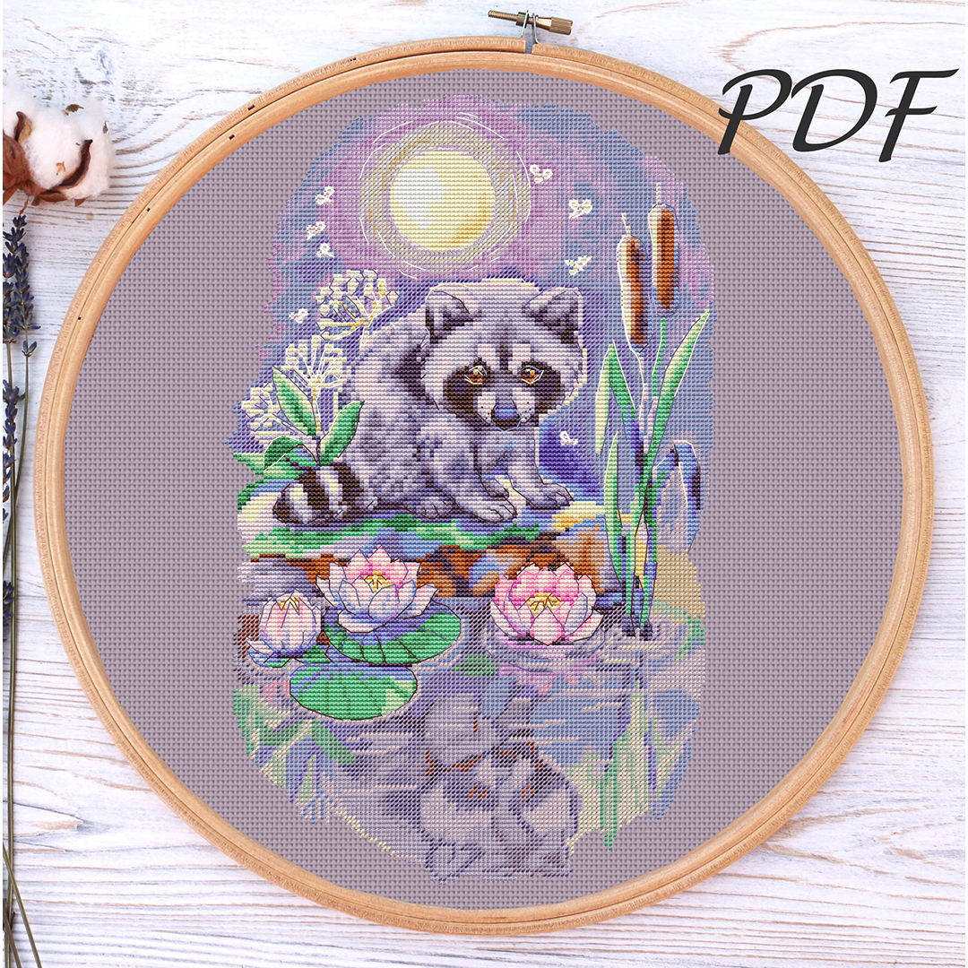Cross stitch pattern pdf Night walk (Raccoon with lotuses) - | Inspire ...