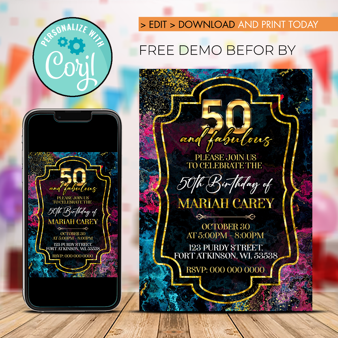 Editable 50th Birthday Invitation with photo, 50 and and fab | Inspire ...