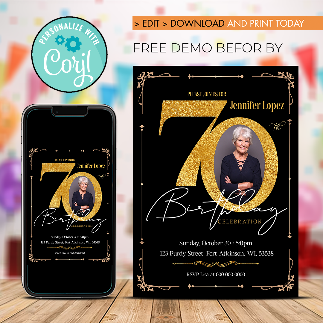 Editable 70th Birthday Invitation with photo, 70 and and fab | Inspire ...