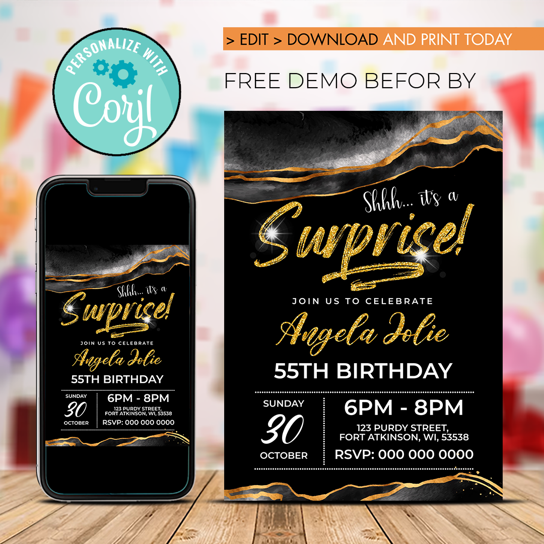 Editable Black And Gold Birthday Invitation, Black And Gold | Inspire ...