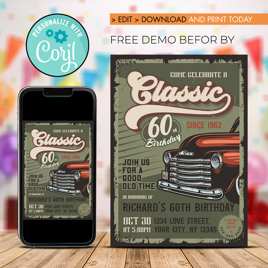 Editable Classic Car Birthday Invitation, Vintage Car Birthd - Inspire ...