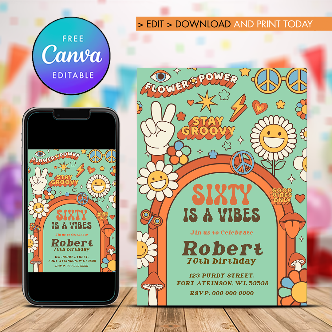 Editable Groovy Birthday Invitation, ANY AGE Groovy Style Bi - Inspire ...