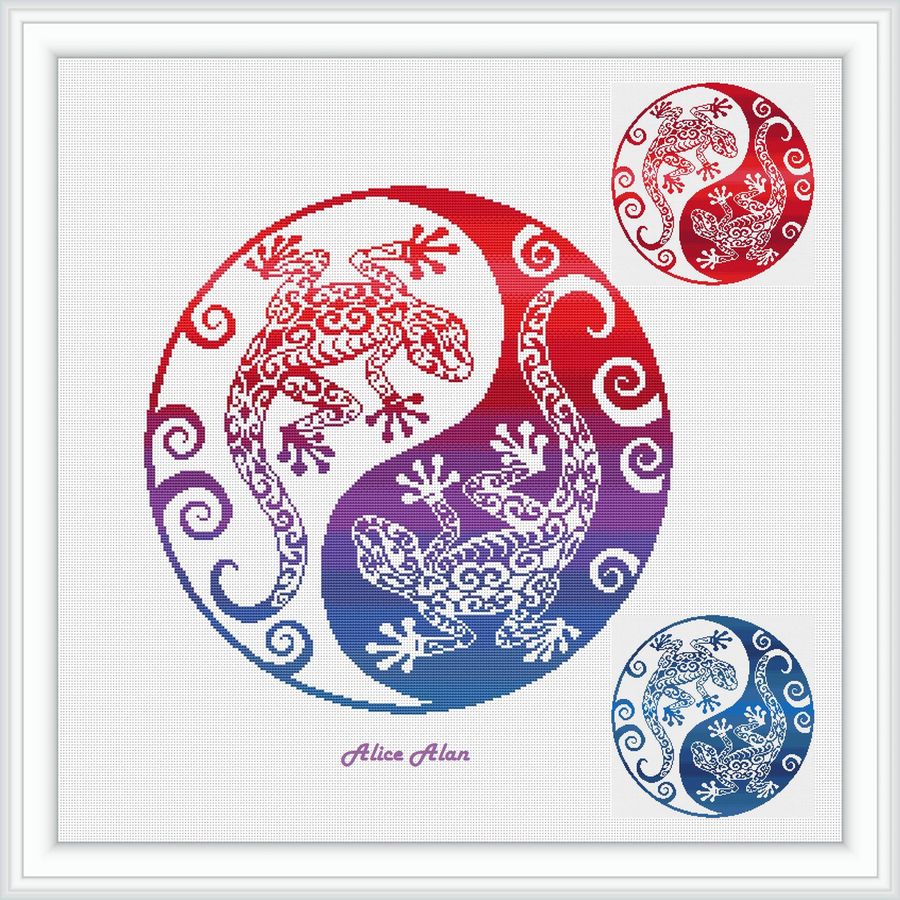 Cross stitch pattern Yin Yang Gecko lizard monochrome | Inspire Uplift