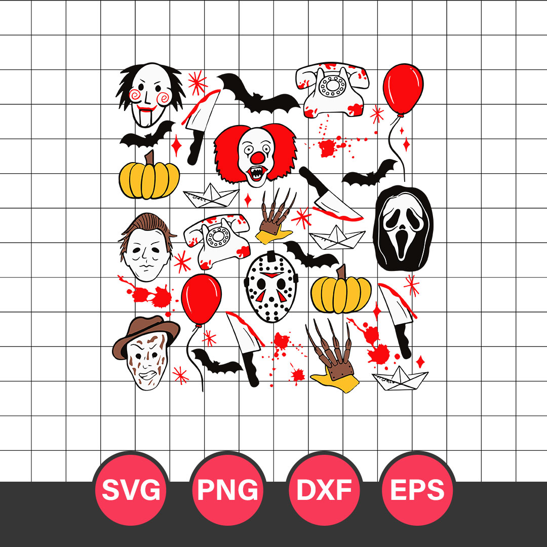 Halloween Horror Characters Doodle Collage Svg, Horror Movie | Inspire ...