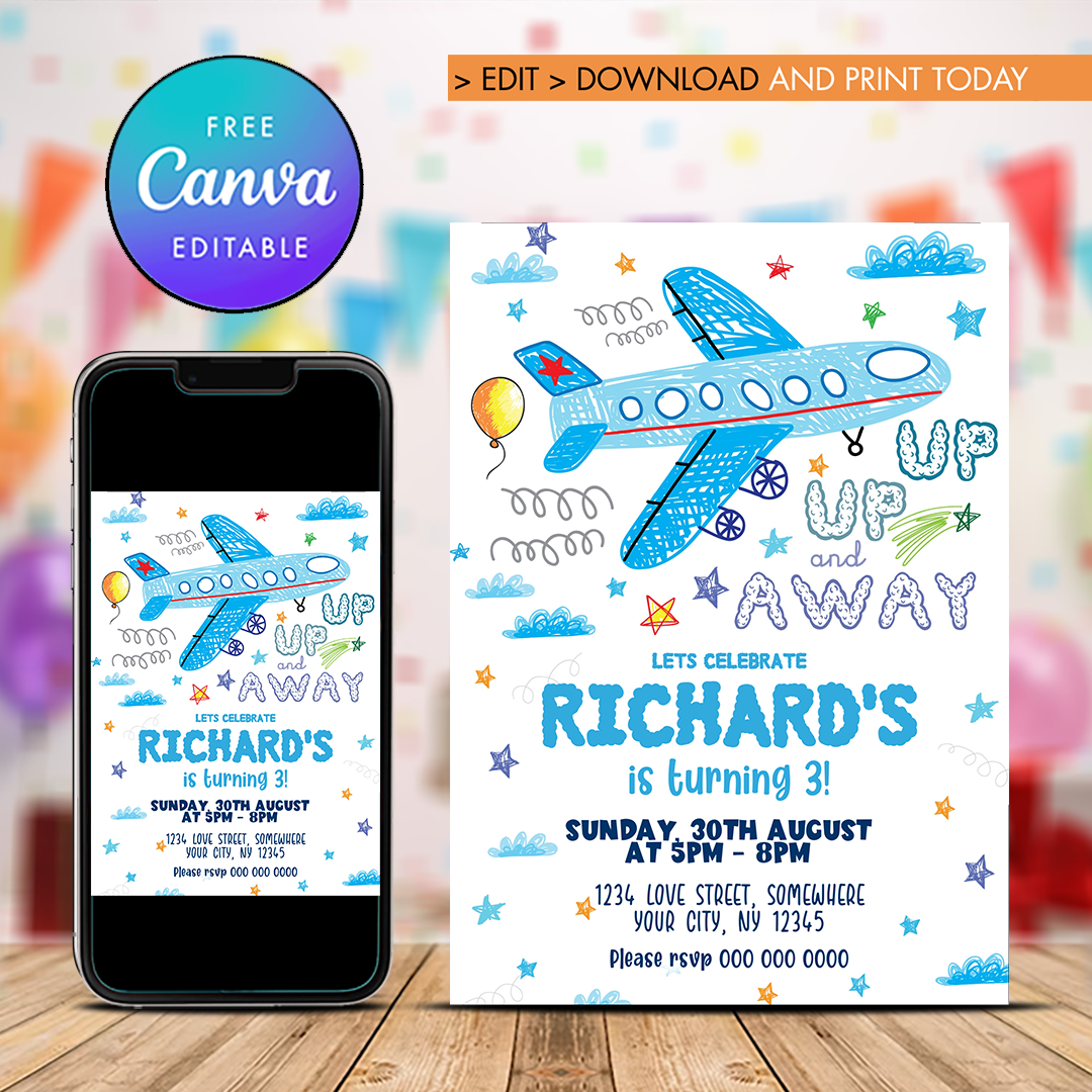 Airplane Handdraw Birthday, Pilot Birthday Invitation Canva | Inspire ...