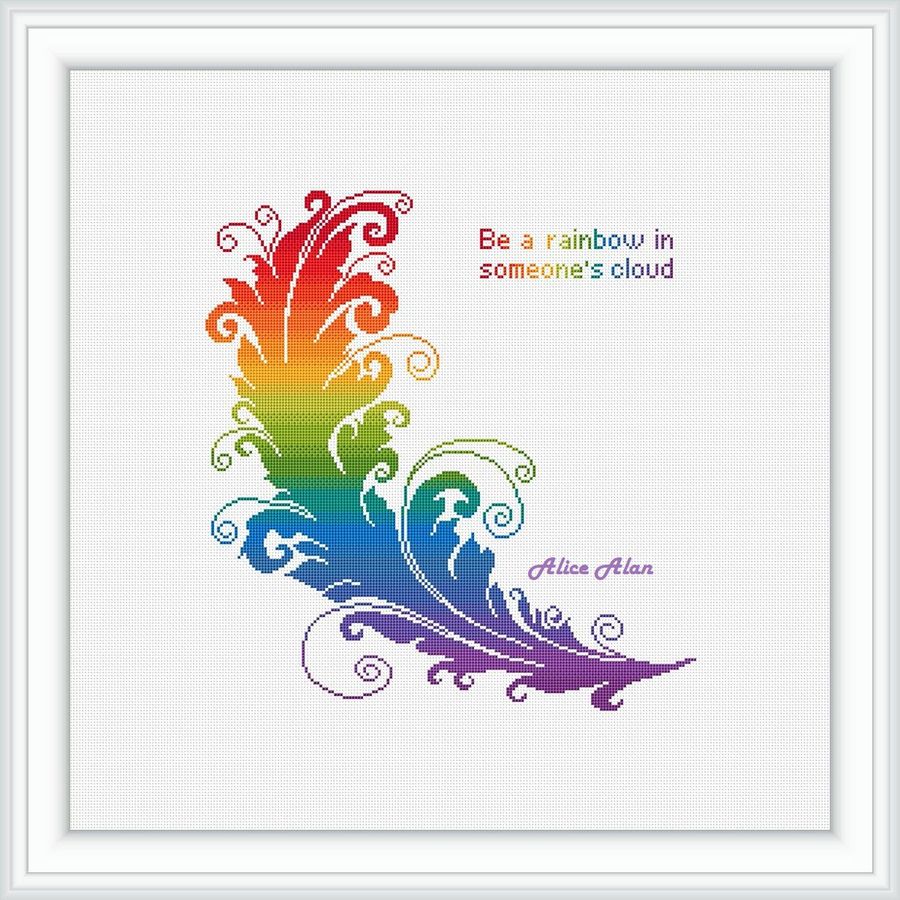 Cross stitch pattern Bird Feather silhouette curls rainbow | Inspire Uplift